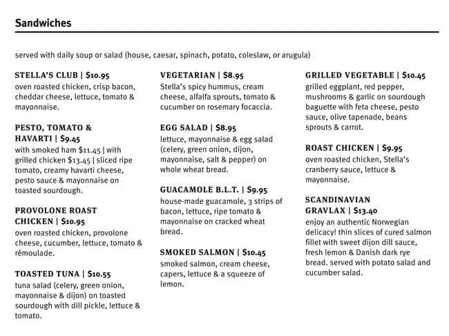 Menu at Stella's cafe, Winnipeg, Pembina Hwy