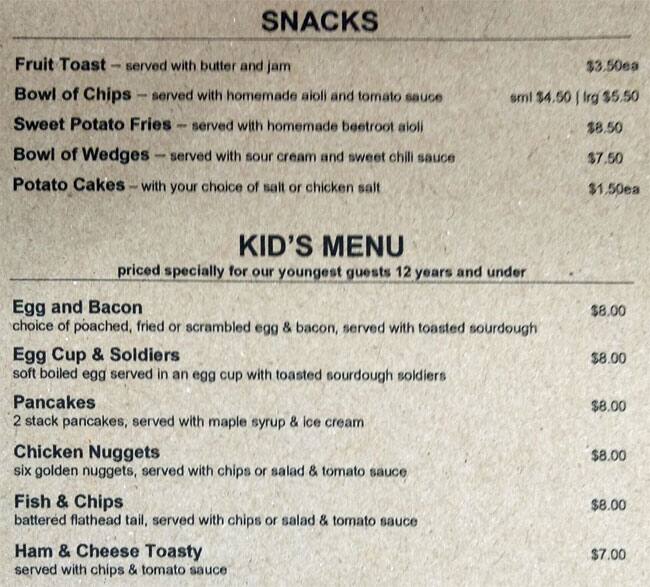 Menu at G'Day Coffee cafe, Gembrook