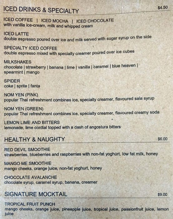 Menu at G'Day Coffee cafe, Gembrook