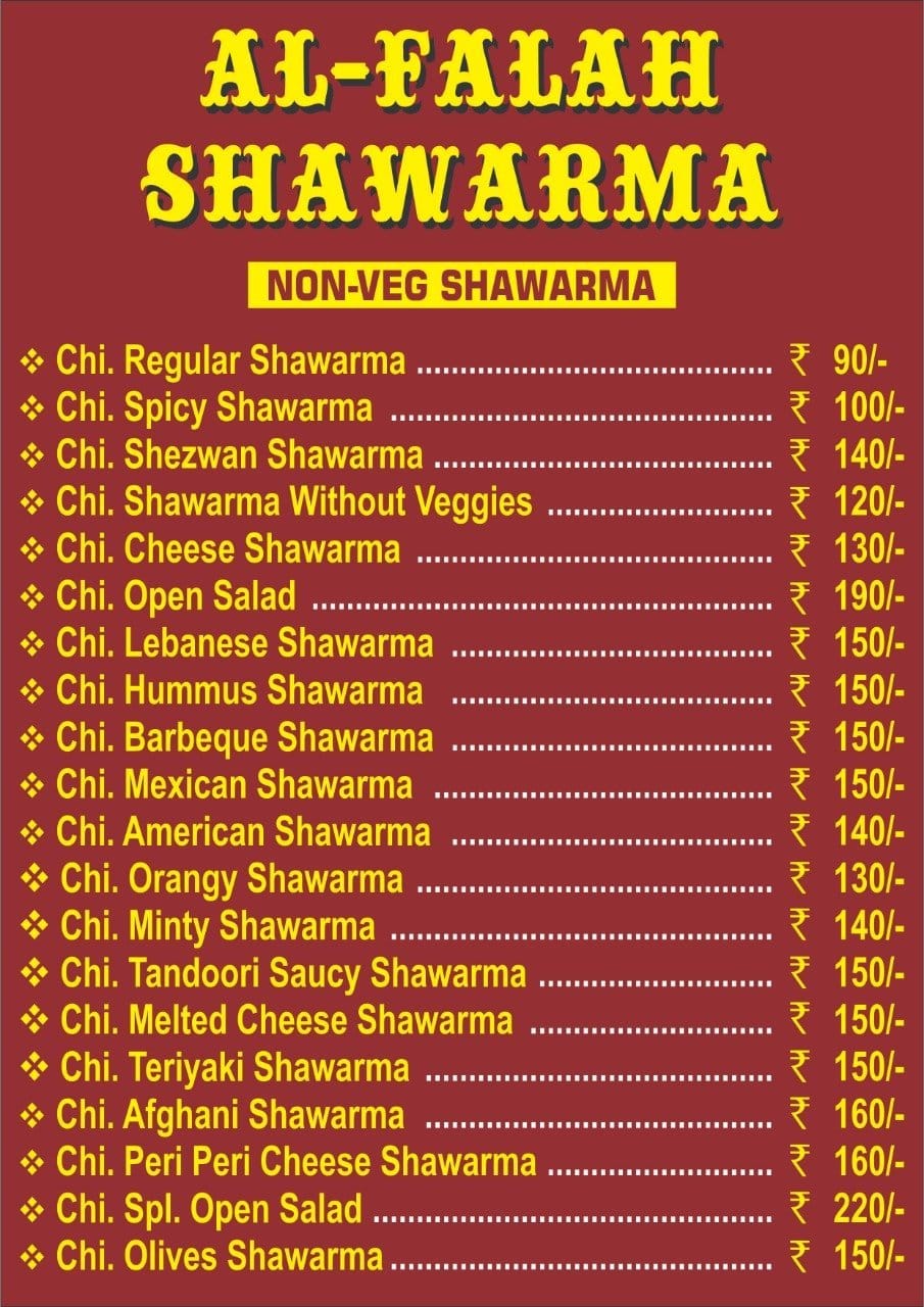 Menu of Al-Falah Shawarma, Borivali West, Mumbai