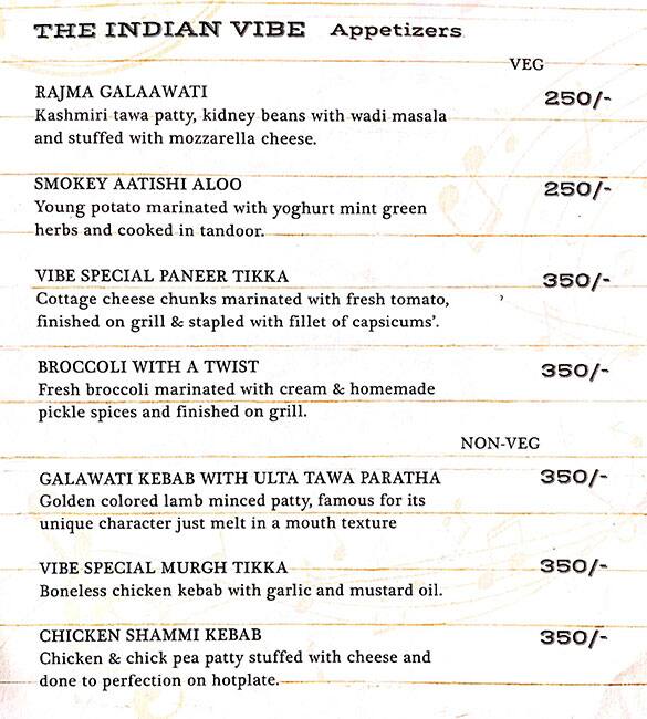 Menu at The Vibe, Varanasi