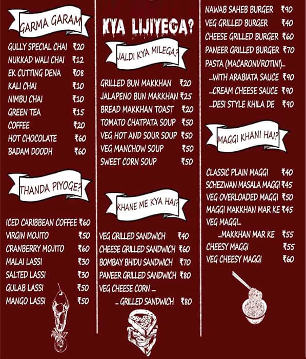 Menu of Gully Cafe, Gomti Nagar, Lucknow