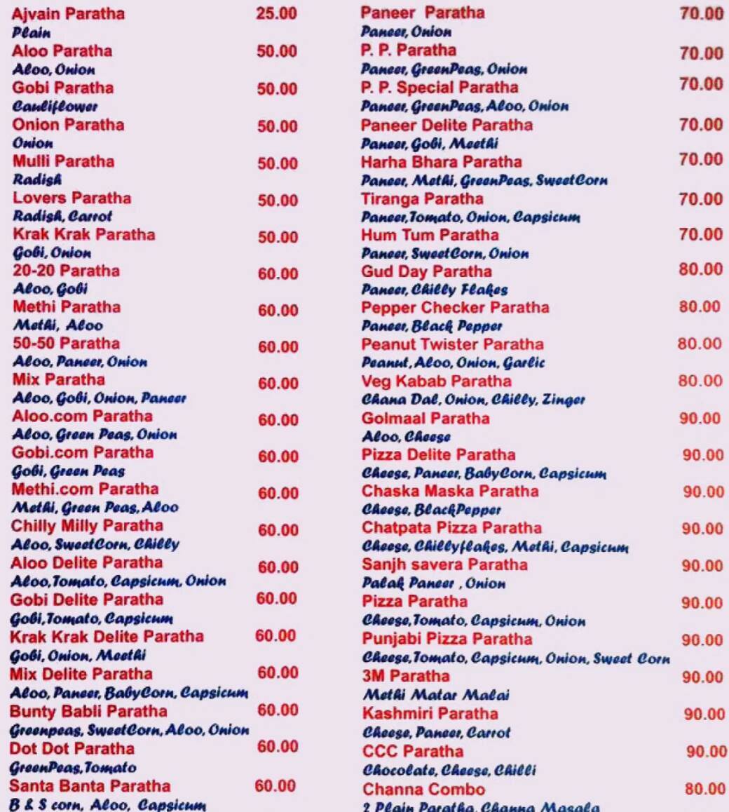 Menu of 99 Variety Parathas, Indiranagar, Bangalore