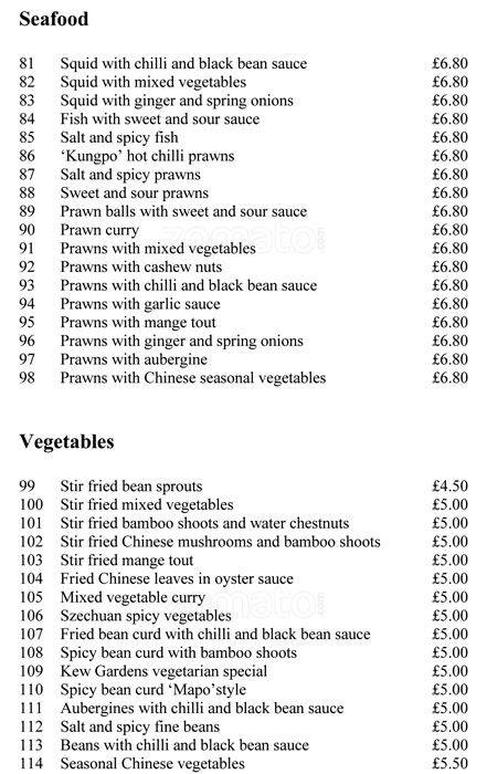 Menu at Kew Gardens Oriental Cuisine restaurant, Richmond