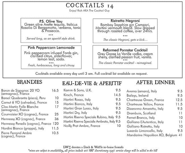 Menu at Duck & Waffle pub & bar, London, 110 Bishopsgate