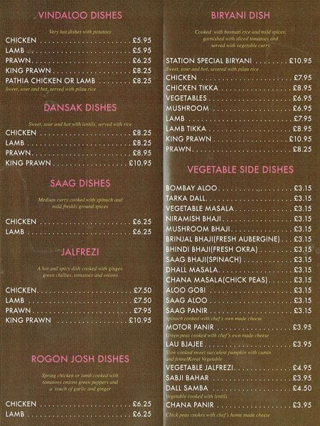 Menu at Spice Station restaurant, London, 140 Station Rd