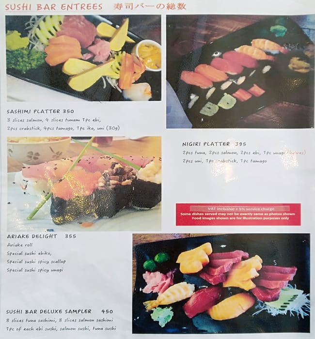 Menu at Ariake restaurant, Quezon City