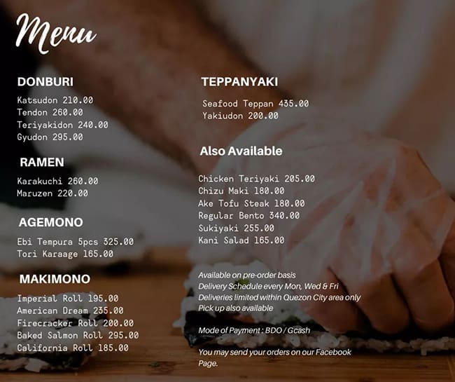 Menu at Ariake restaurant, Quezon City