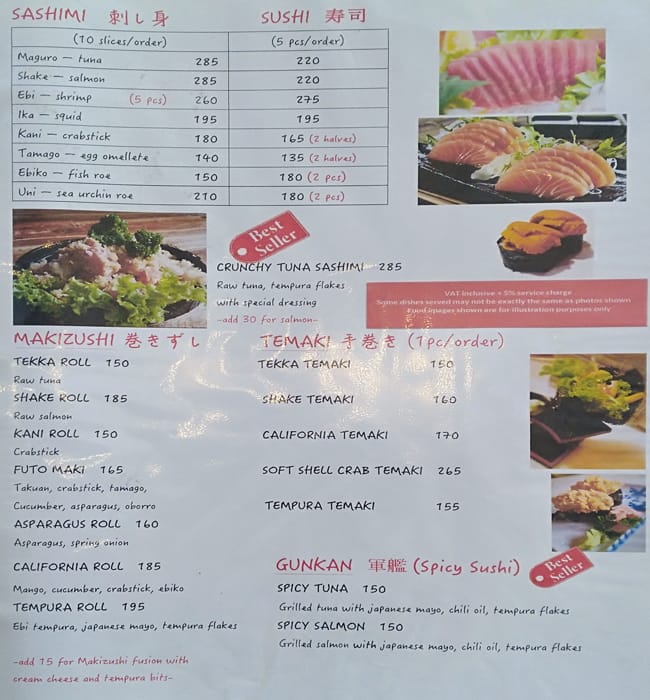 Menu at Ariake restaurant, Quezon City