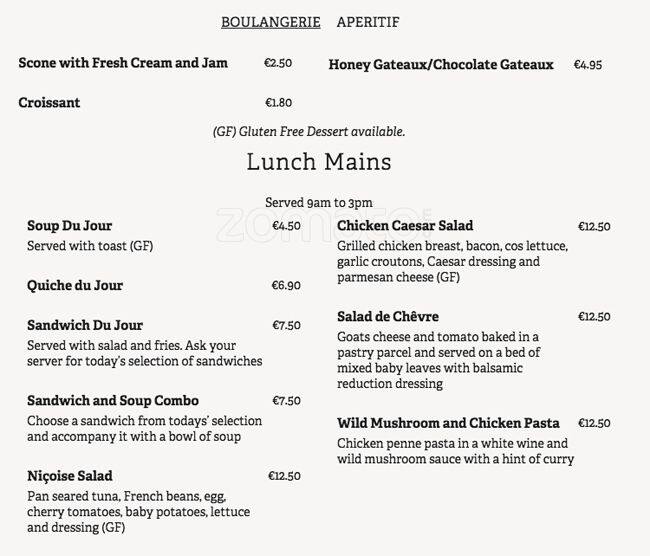 Menu at Déjà Vu restaurant, Dublin