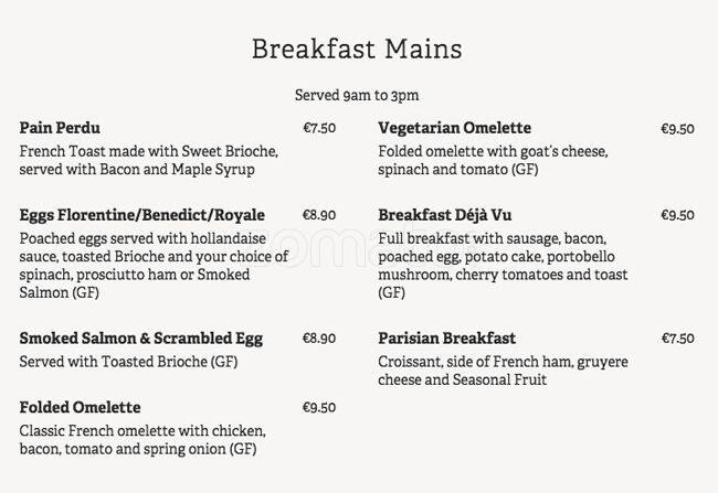 Menu at Déjà Vu restaurant, Dublin