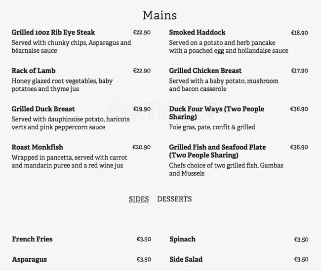 Menu at Déjà Vu restaurant, Dublin