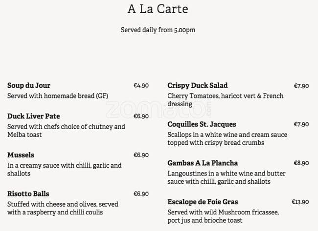 Menu at Déjà Vu restaurant, Dublin