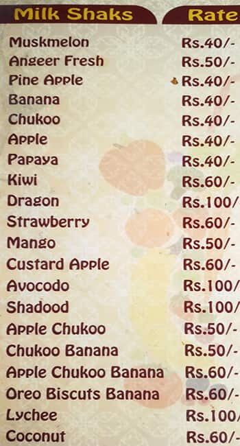 Menu at Nishat Juice Center, Hyderabad