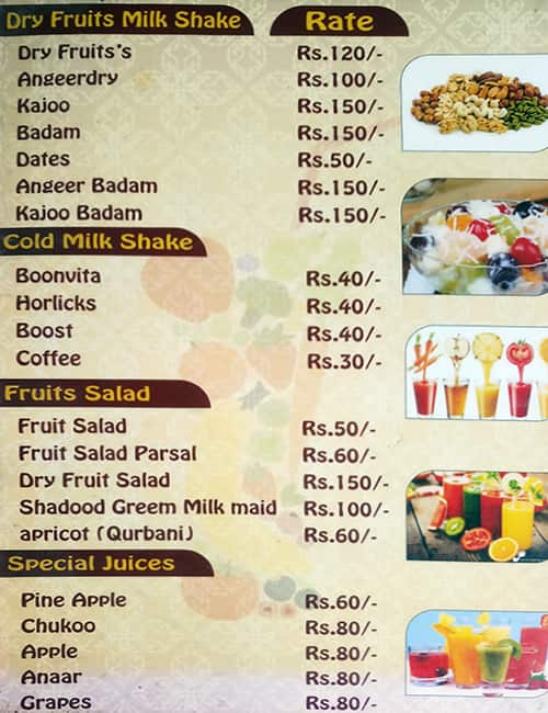 Menu at Nishat Juice Center, Hyderabad