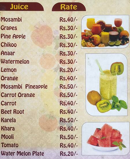 Menu at Nishat Juice Center, Hyderabad