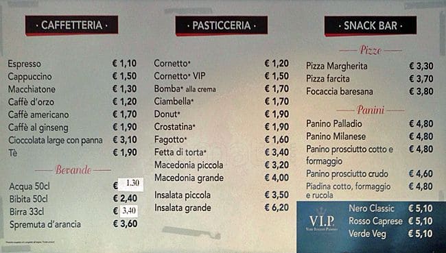 Menu at Bricco Café cafe, Milan, Stazione di Milano