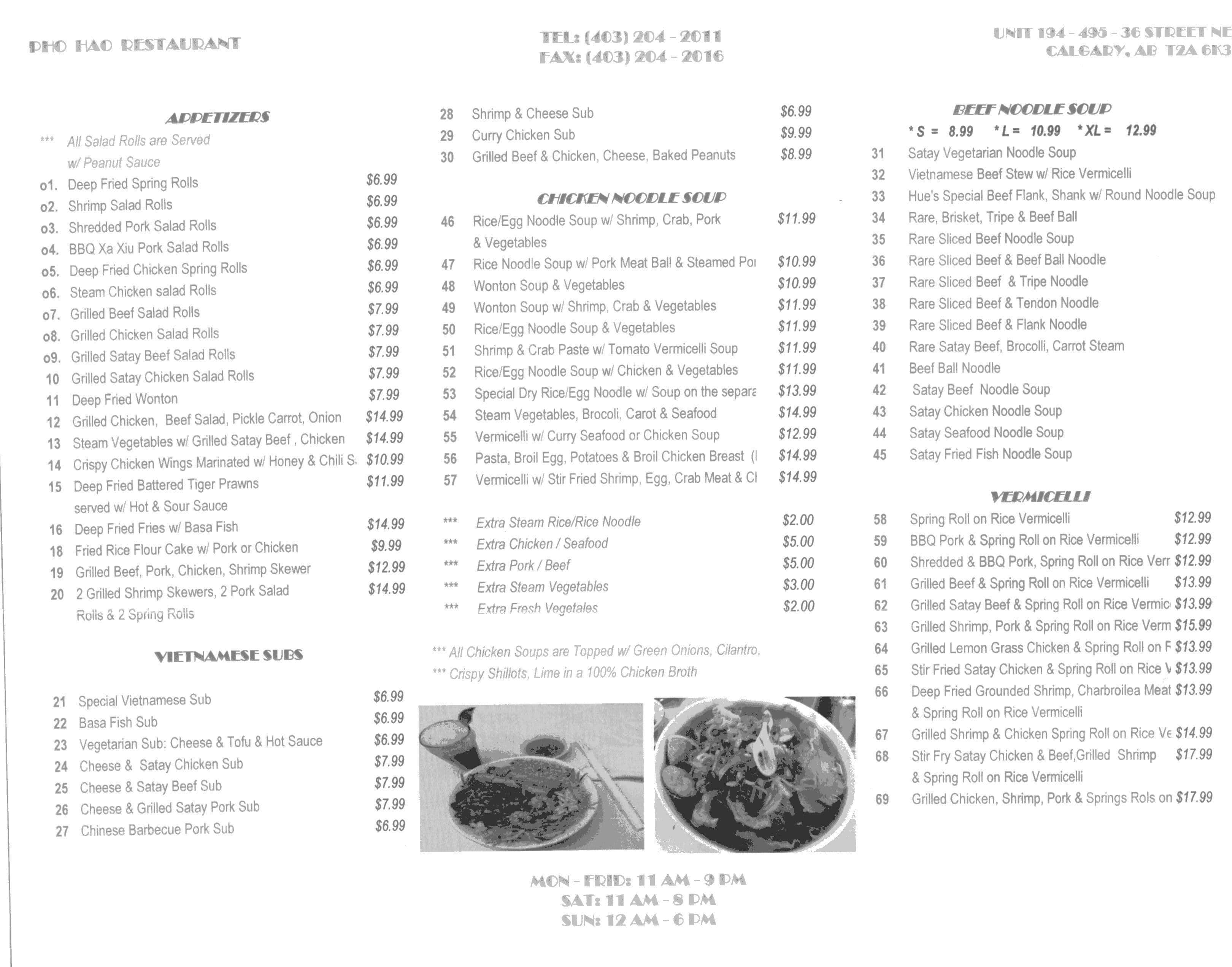 Menu at Pho Hao Restaurant, Calgary, 495 36 St NE