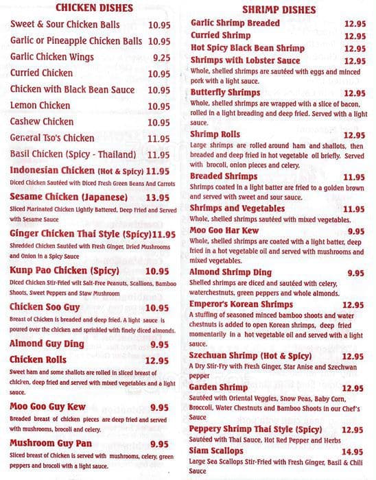 Menu at Charlie Chan restaurant, Ottawa, Innes Rd