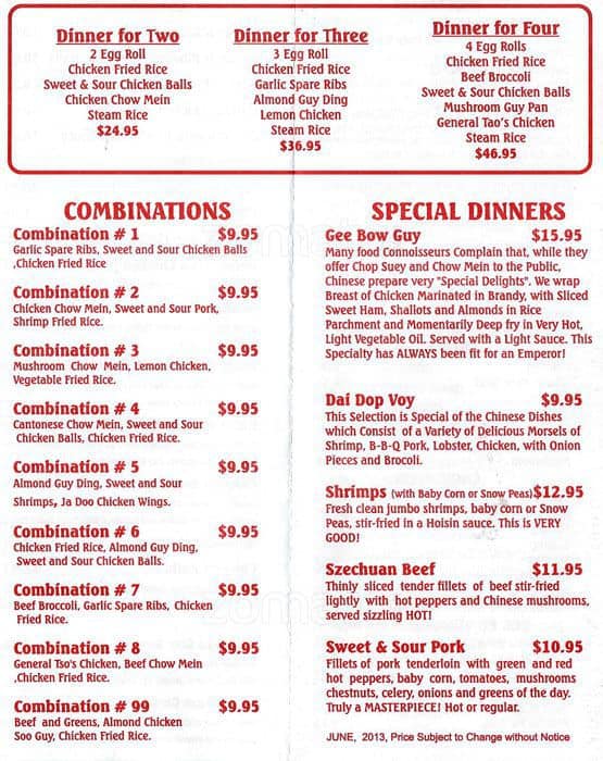 Menu at Charlie Chan restaurant, Ottawa, Innes Rd