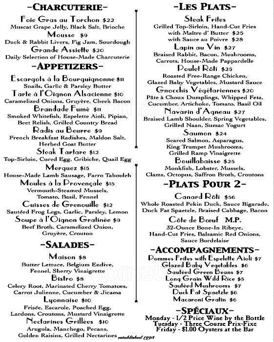 Menu At Le Bouchon Restaurant Chicago