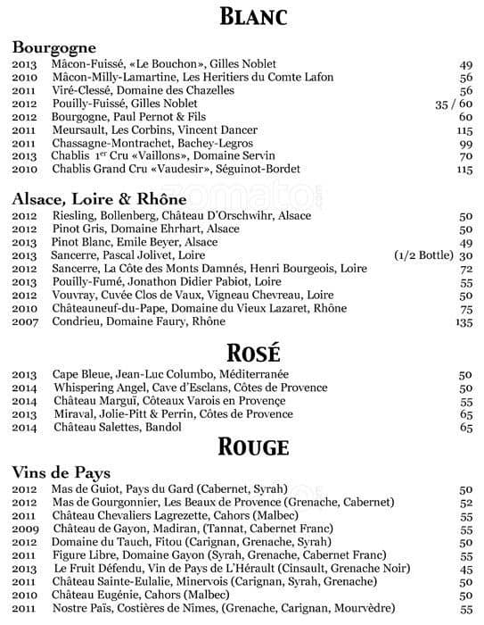 Menu at Le Bouchon restaurant, Chicago