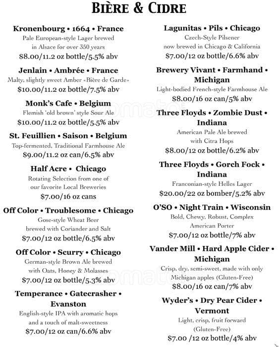 Menu at Le Bouchon restaurant, Chicago