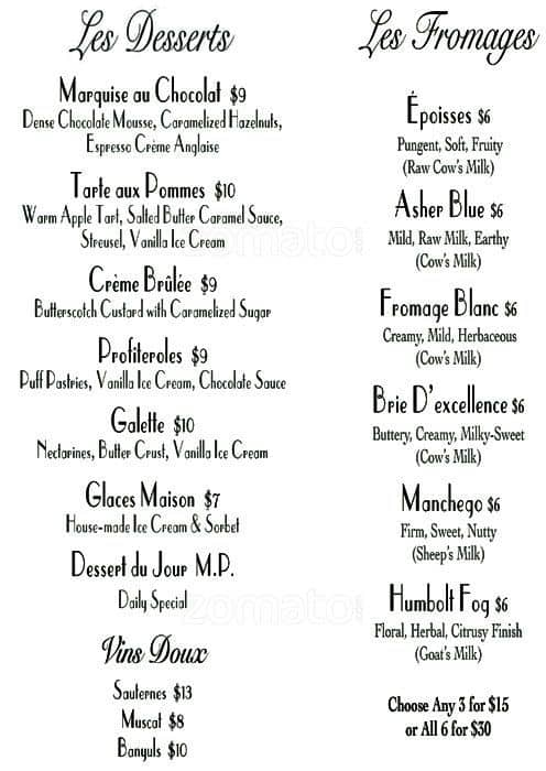 Menu at Le Bouchon restaurant, Chicago