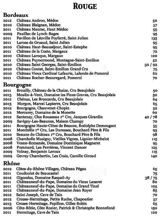 Menu at Le Bouchon restaurant, Chicago