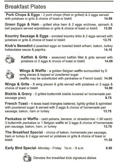 Menu at The Breakfast Klub restaurant, Houston, Travis St
