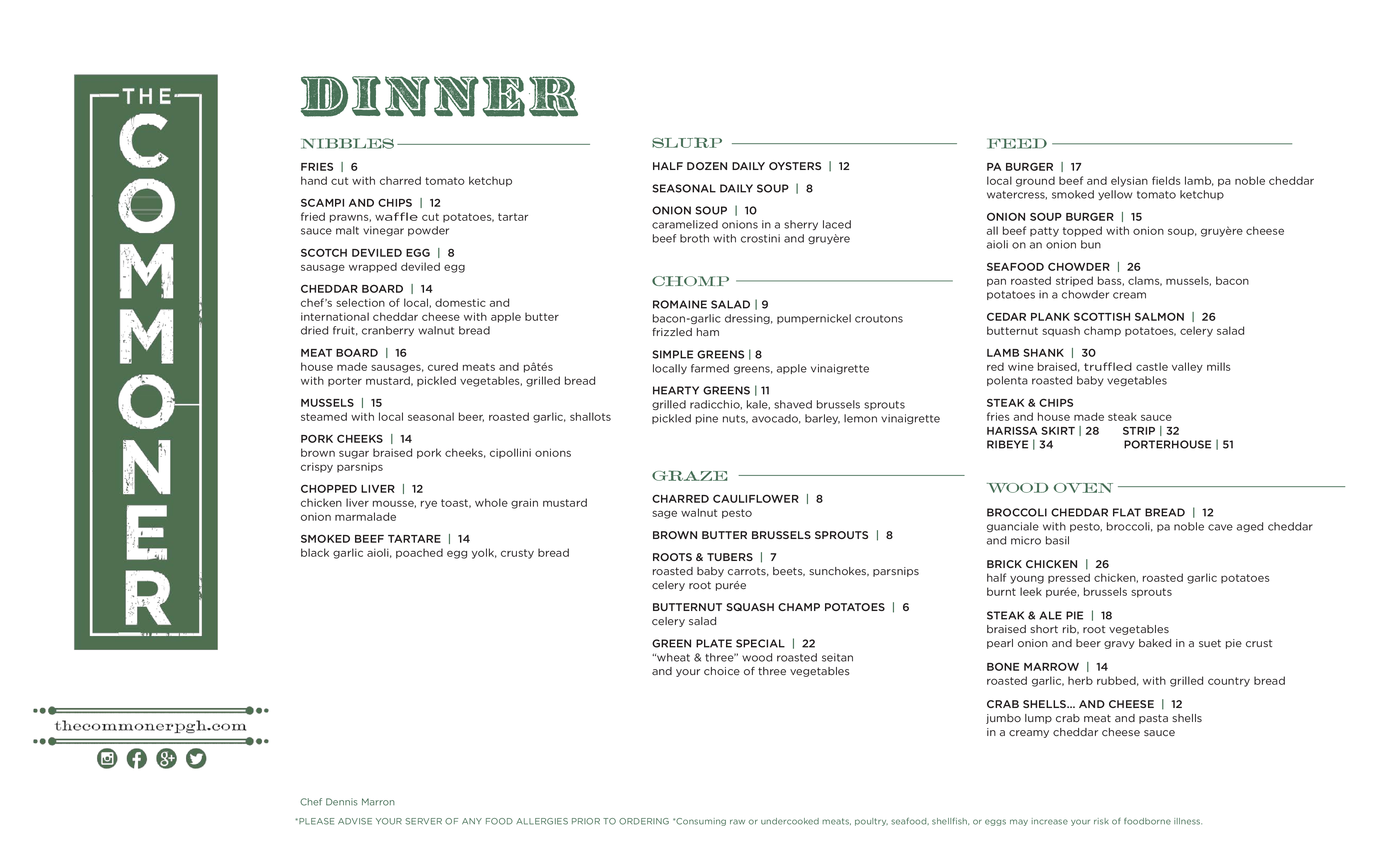 Menu at The Commoner pub & bar, Pittsburgh