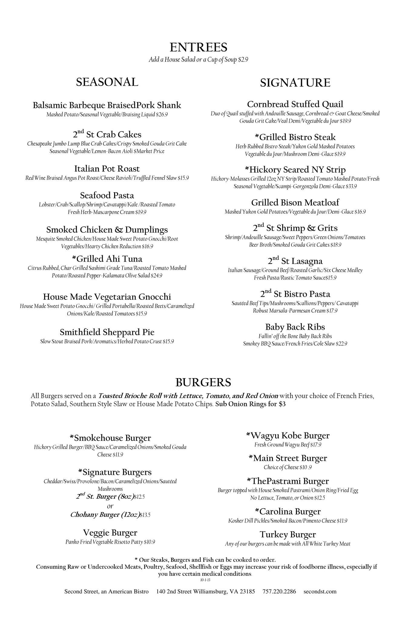 Menu at Second Street Bistro pub & bar, Williamsburg