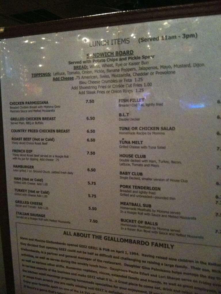 Menu at Geez Grill & Pub, Dayton