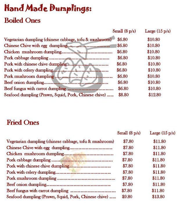 Menu at Oh Dumpling restaurant, Geelong
