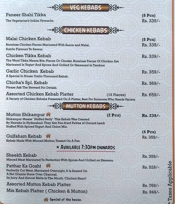 Menu of Chicha's, Lakdikapul, Hyderabad