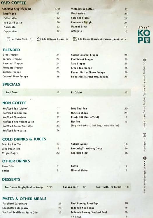 Menu at Street Kopi, West Jakarta