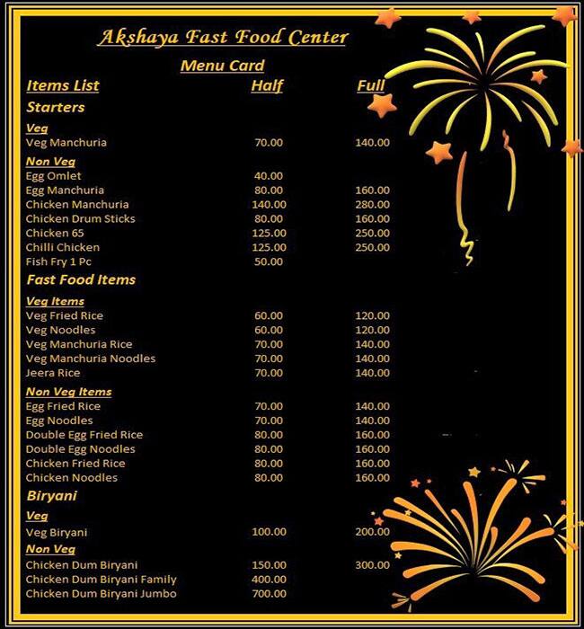 Menu of Akshaya Fast Food Center, Alwal, Secunderabad