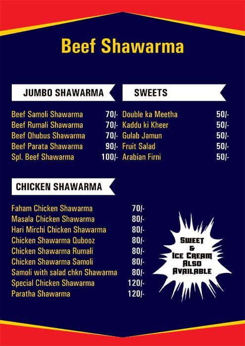 Menu of Feel In Saudi Shawarma, Erragadda, Hyderabad