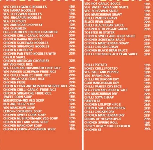 Menu of Chinese Byte, Sector 135, Noida