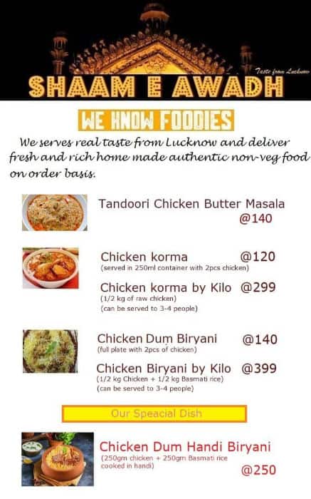 Menu of Shaam E Awadh, Gaur City 2, Greater Noida