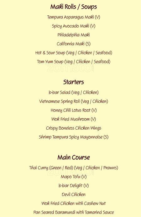 Menu at b-bar, New Delhi