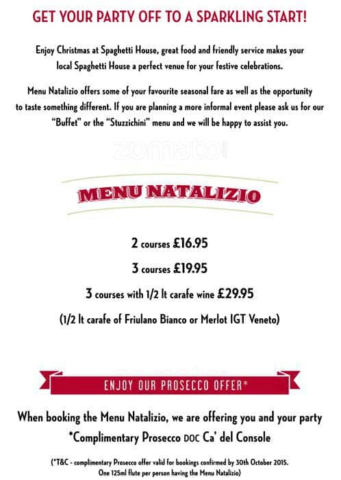 Menu at Spaghetti House pub & bar, London, 24 Cranbourn St