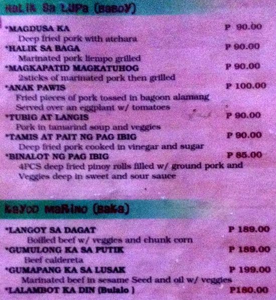 Menu at Kubo Ni Kuya restaurant, Quezon City