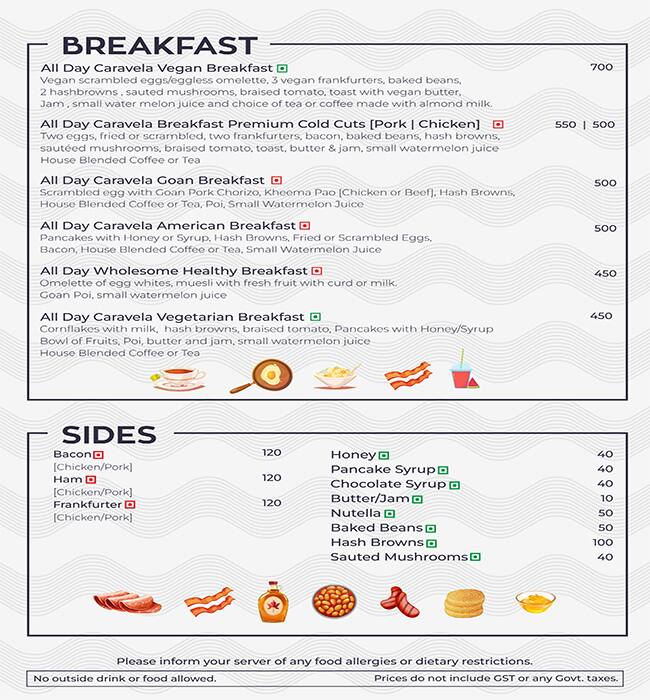 Menu of Caravela Cafe & Bistro, Panaji, Goa