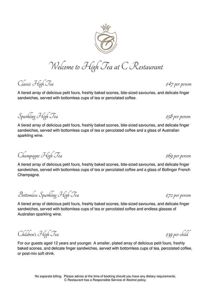 Menu at C Restaurant in the Sky, Perth, Level 33/44 St Georges Terrace