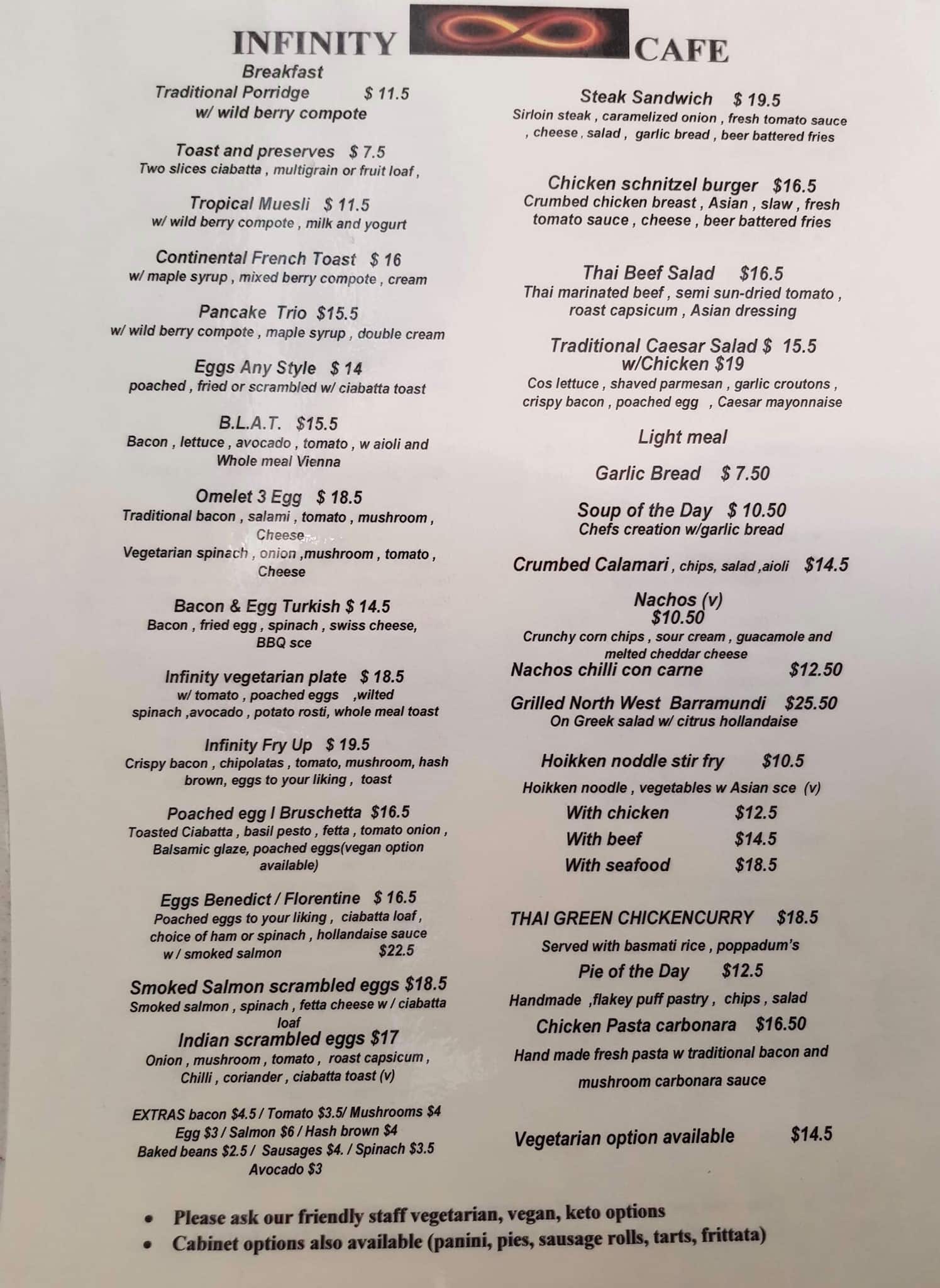 Menu at Infinity Cafe, Perth, 111/131 Adelaide Terrace