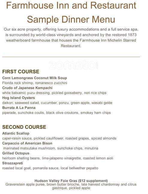 Farmhouse Inn Menu, Menu for Farmhouse Inn, Forestville, Forestville ...