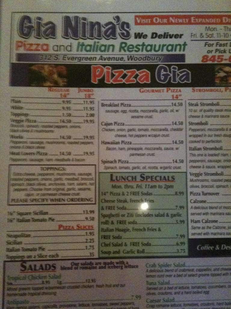 Menu at Gia Nina's pizzeria, Woodbury