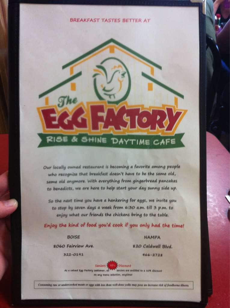 Menu at The Egg Factory restaurant, Nampa, 820 Caldwell Blvd