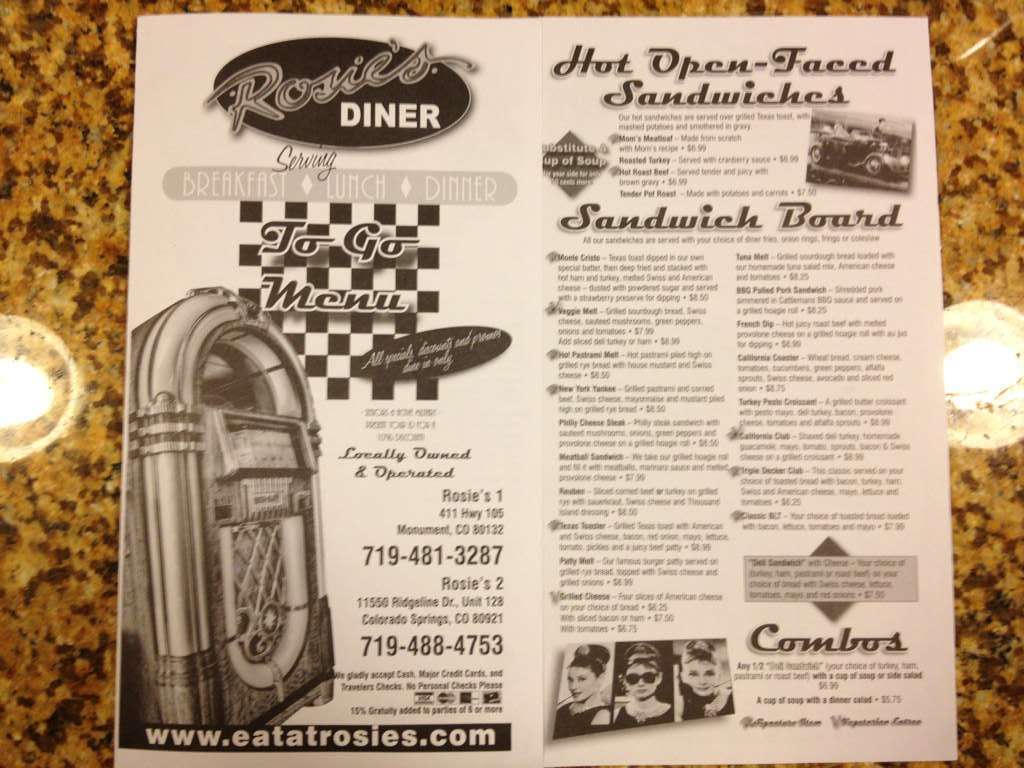 Menu at Rosie's Diner restaurant, Monument